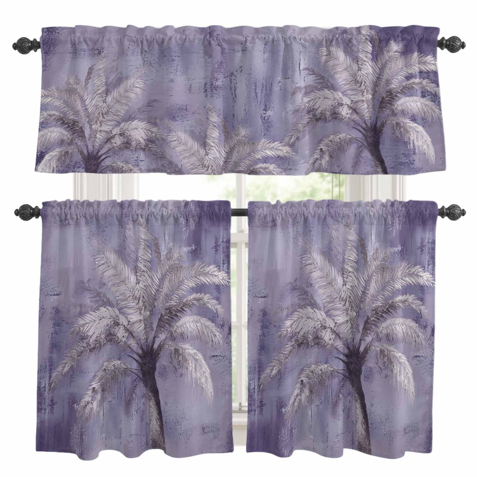 3 Piece Kitchen Curtains and Valances Set Purple Palm Tree Cafe ...