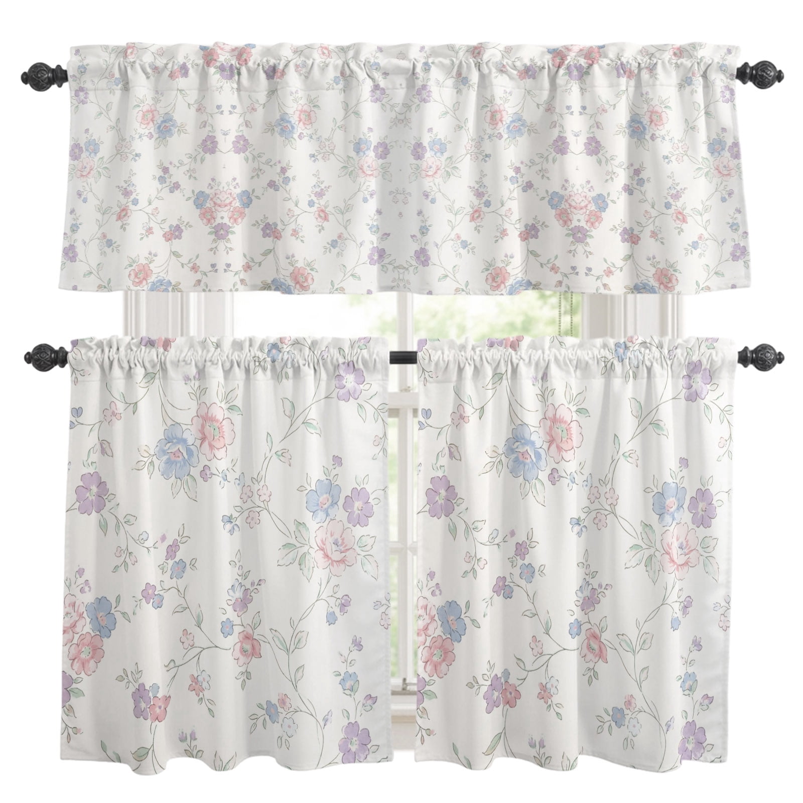 3 Piece Kitchen Curtains and Valances Set Purple Pink Flowers Cafe ...