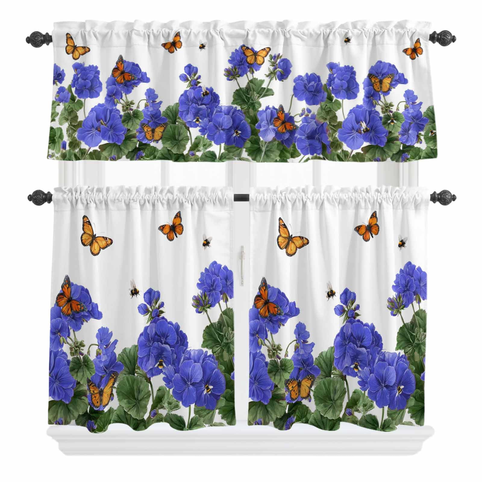 3 Piece Kitchen Curtains and Valances Set Purple Spring Floral Cafe ...