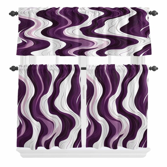 3 Piece Kitchen Curtains and Valances Set Purple White Stripes Cafe ...