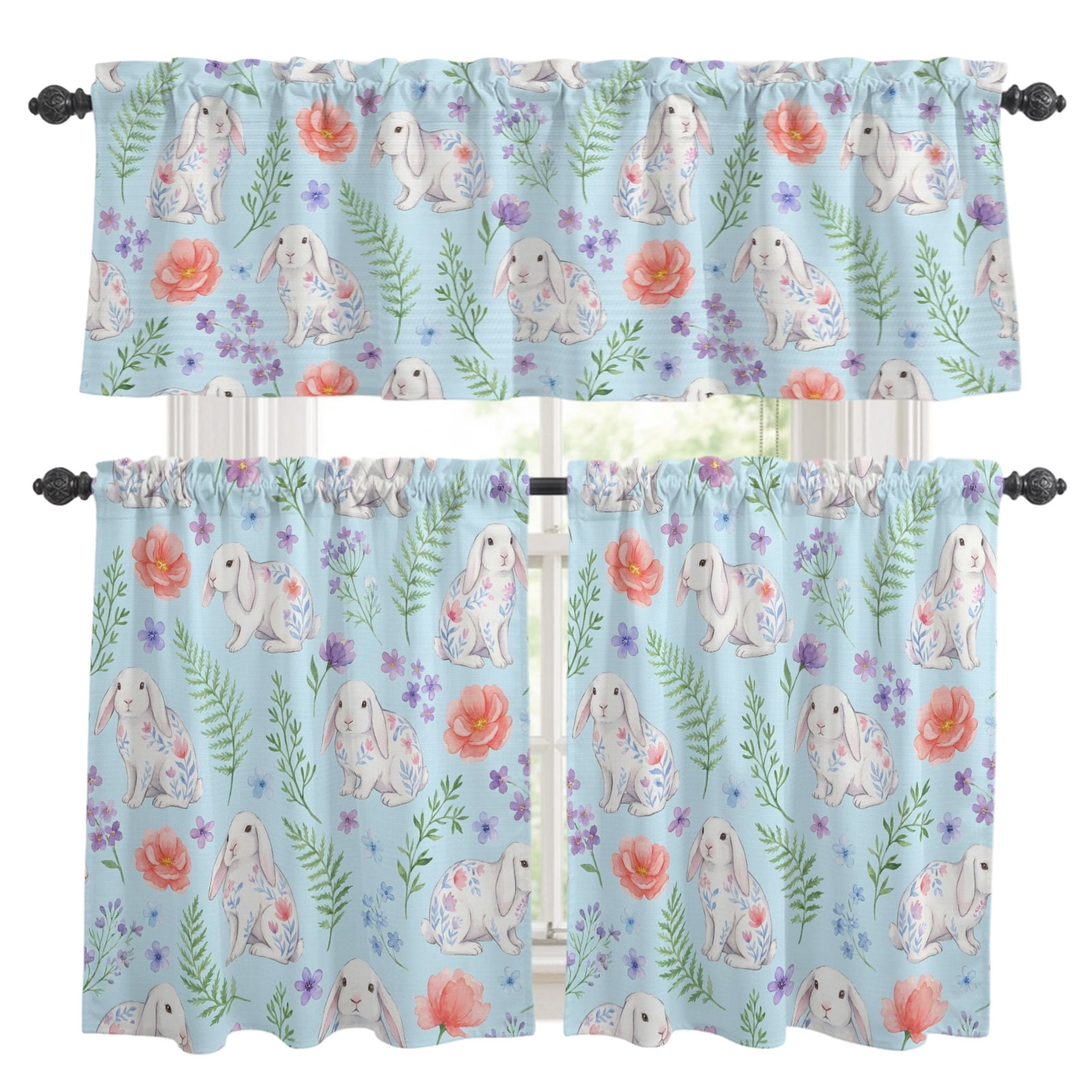 3 Piece Kitchen Curtains and Valances Set Rabbits Ferns Cafe Curtains ...