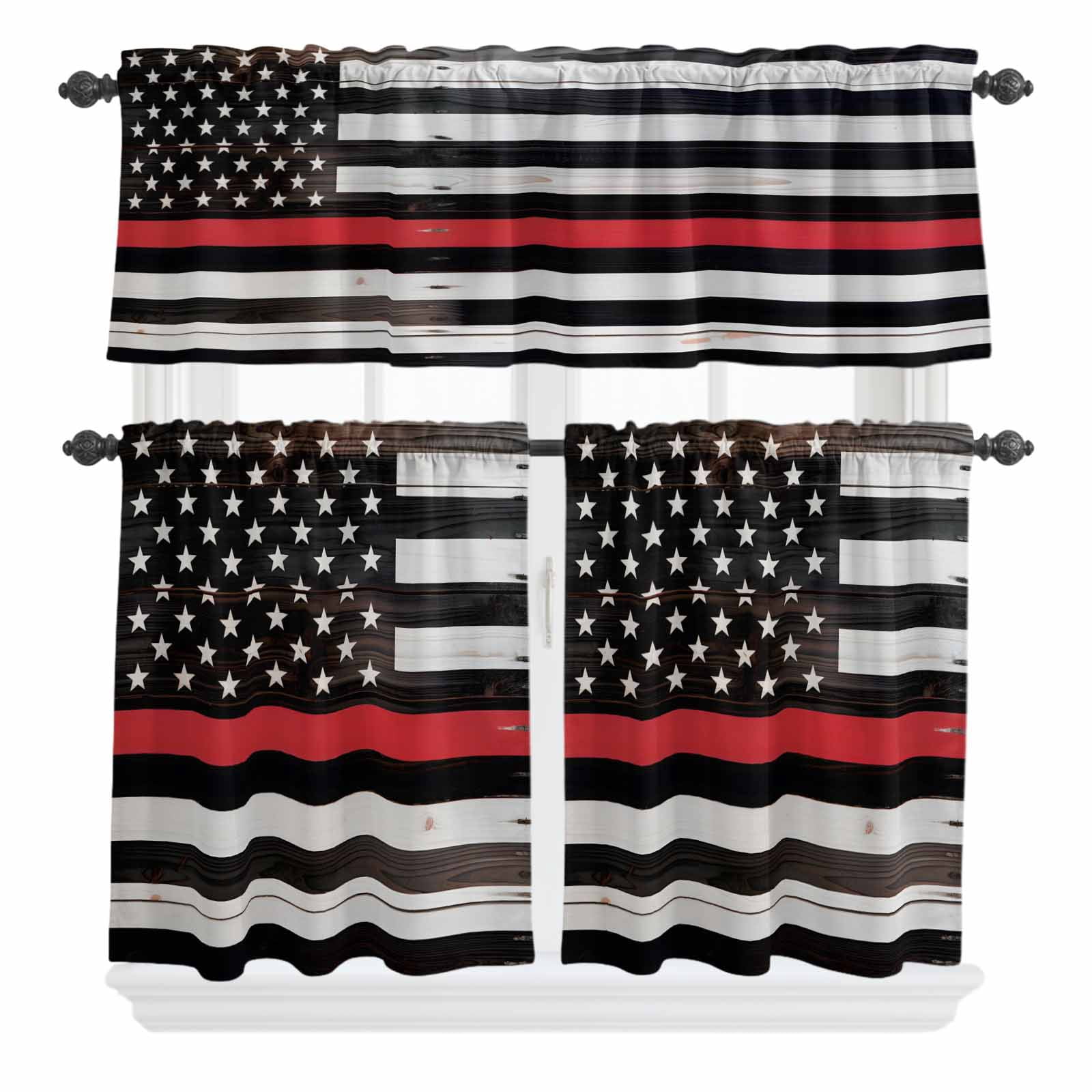 3 Piece Kitchen Curtains and Valances Set Red American Flag Cafe ...
