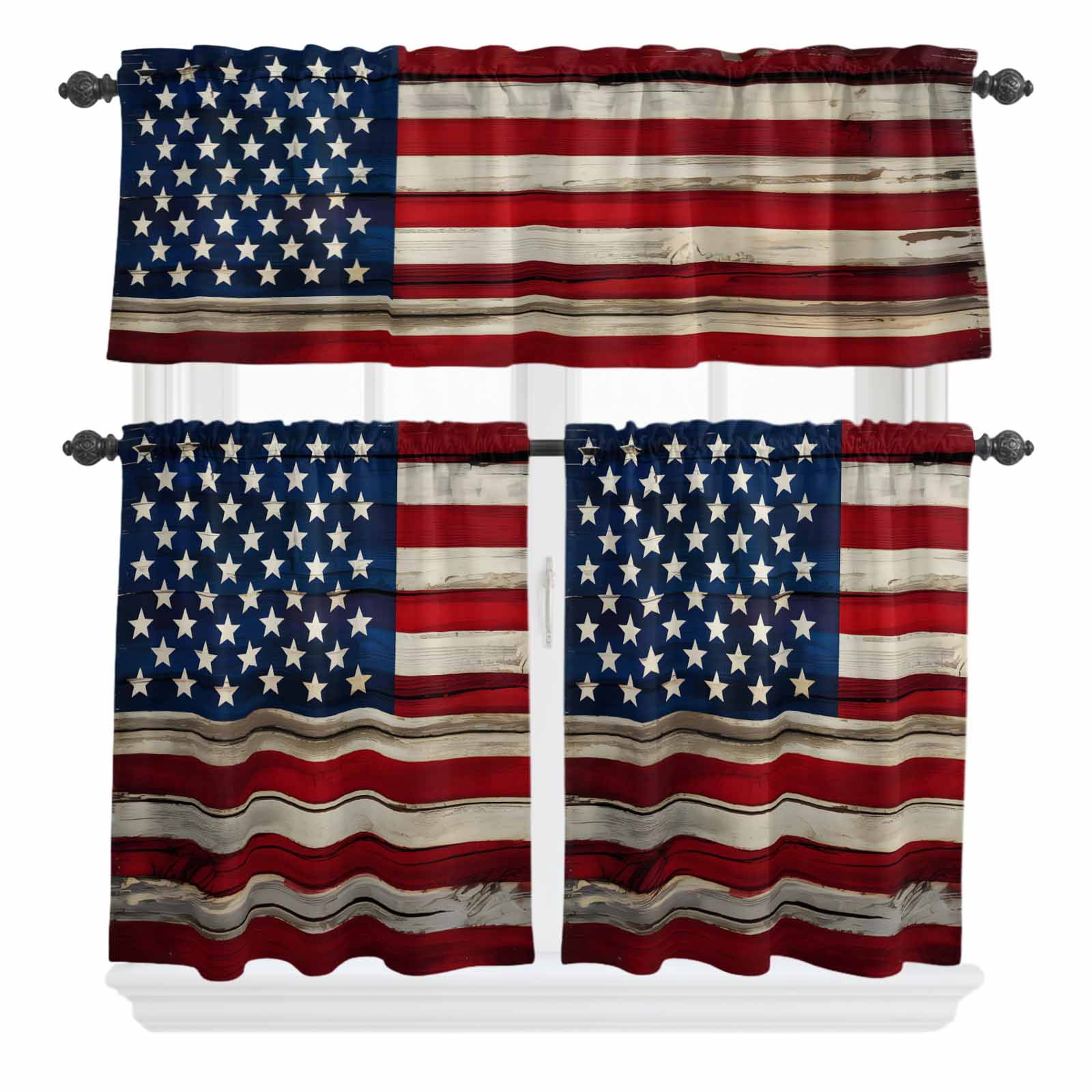 3 Piece Kitchen Curtains and Valances Set Red American Flag Cafe ...