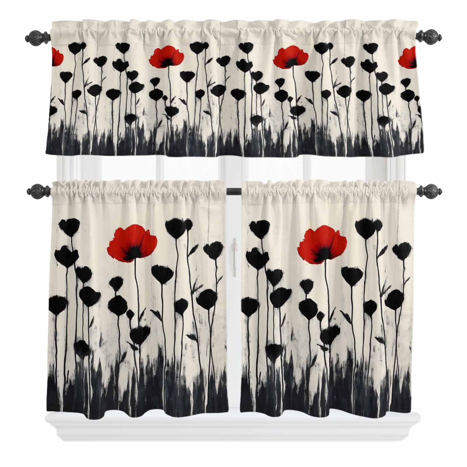 3 Piece Kitchen Curtains and Valances Set Red Black Floral Cafe ...