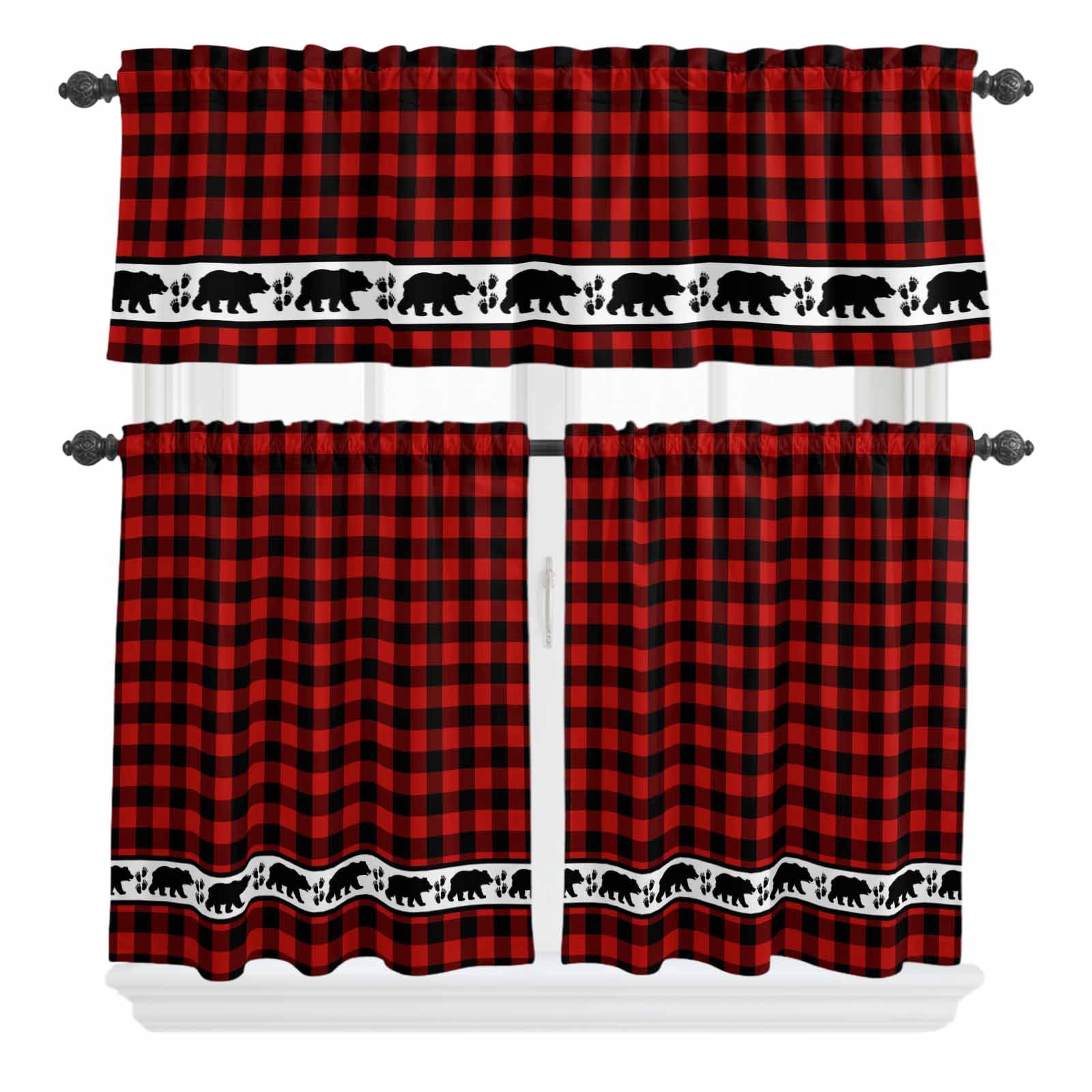 3 Piece Kitchen Curtains and Valances Set Red Black Plaid Cafe Curtains ...