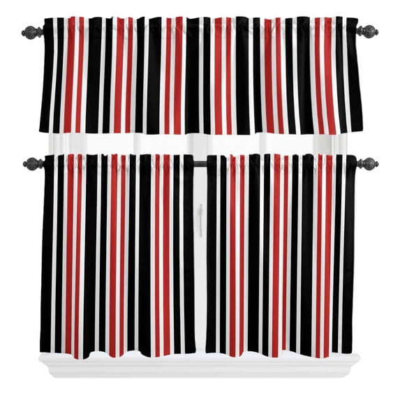 3 Piece Kitchen Curtains and Valances Set Red Black Stripe Cafe ...