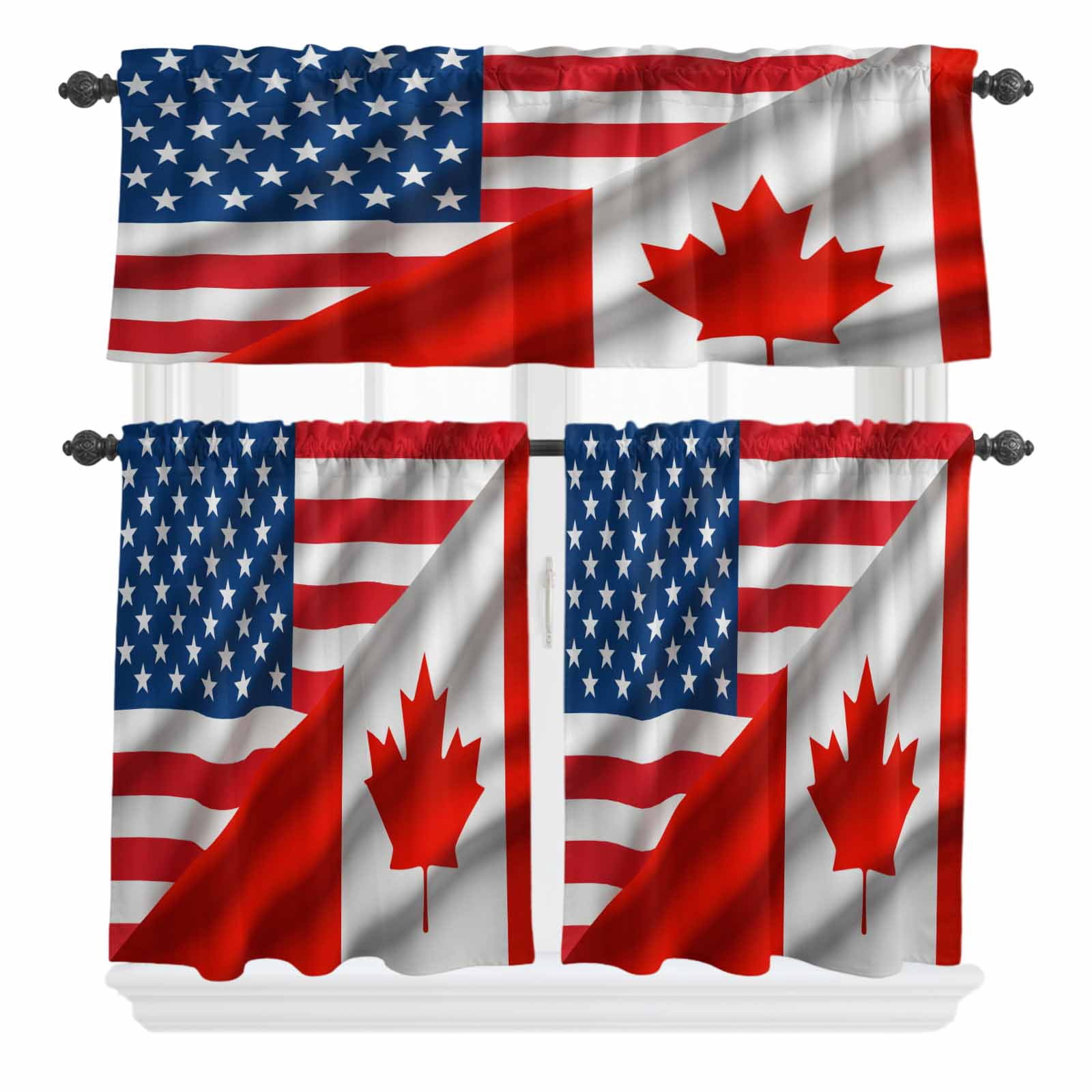 3 Piece Kitchen Curtains and Valances Set Red Blue American Flag Cafe ...