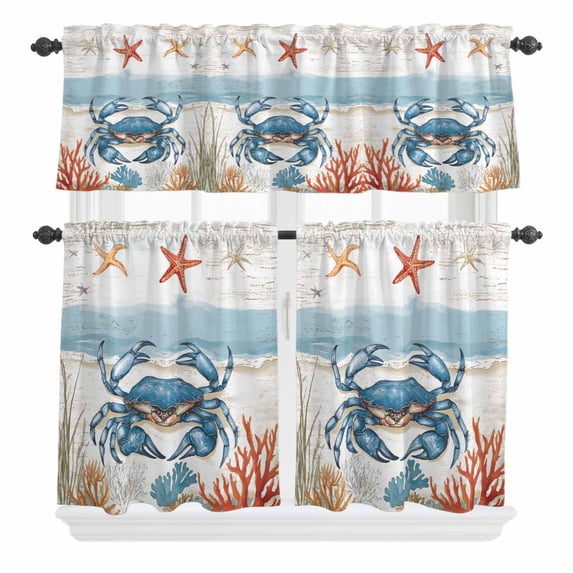 3 Piece Kitchen Curtains and Valances Set Red Blue Coastal Cafe ...
