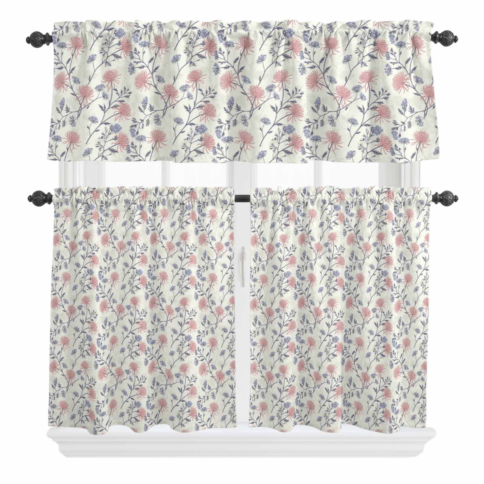 3 Piece Kitchen Curtains and Valances Set Red Blue Spring Floral Cafe ...