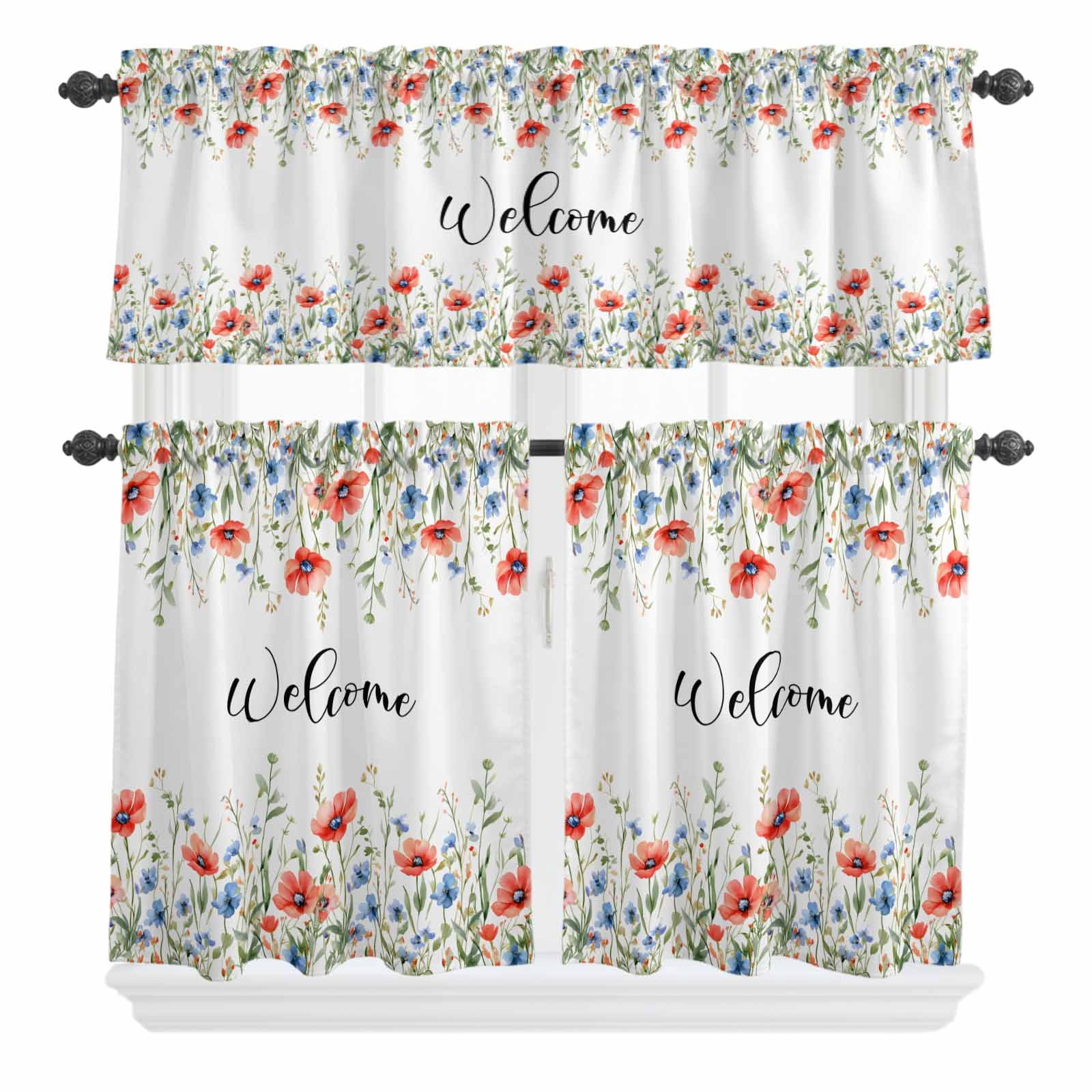 3 Piece Kitchen Curtains and Valances Set Red Blue Spring Floral Cafe ...