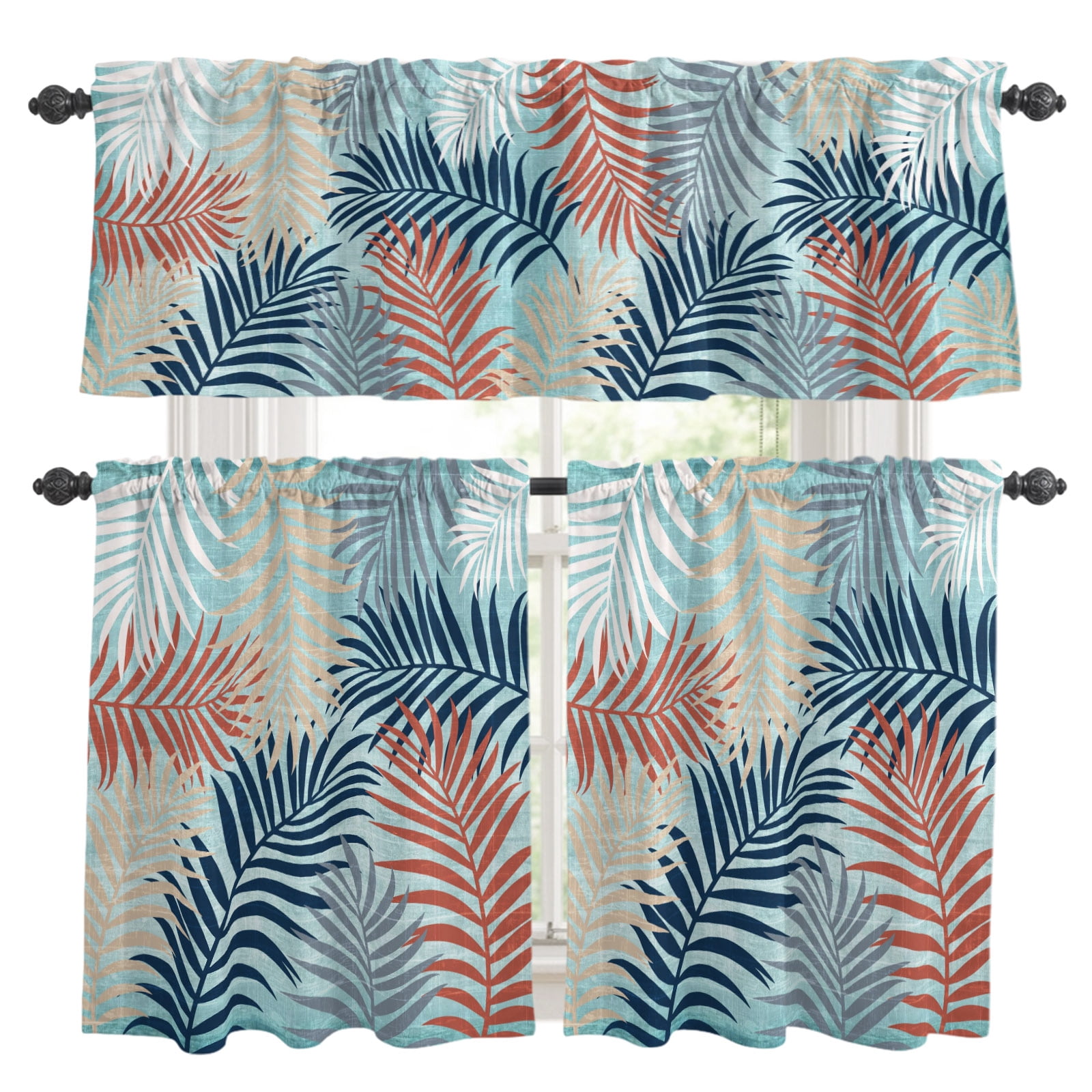 3 Piece Kitchen Curtains and Valances Set Red Blue Teal Palm Leaves ...
