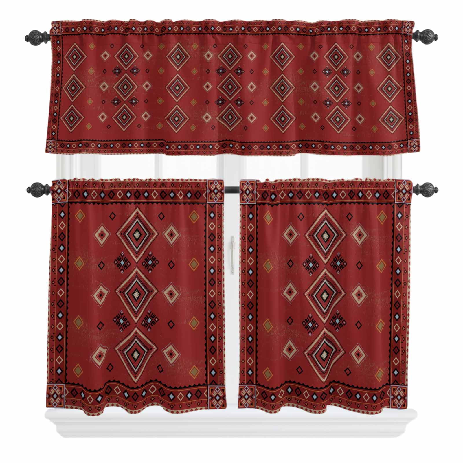 3 Piece Kitchen Curtains and Valances Set Red Boho Cafe Curtains 36 ...