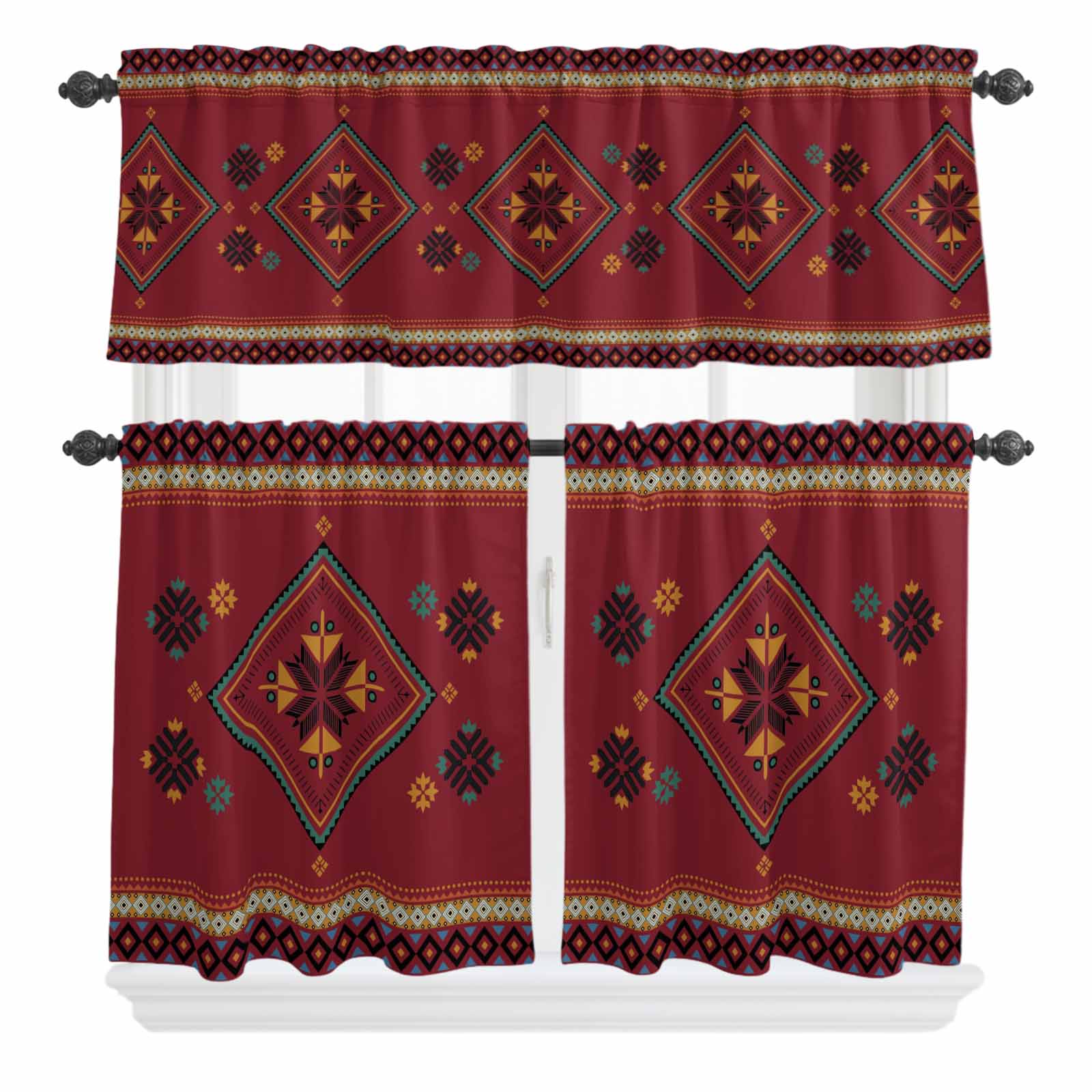 3 Piece Kitchen Curtains and Valances Set Red Cafe Curtains 36 Inch ...