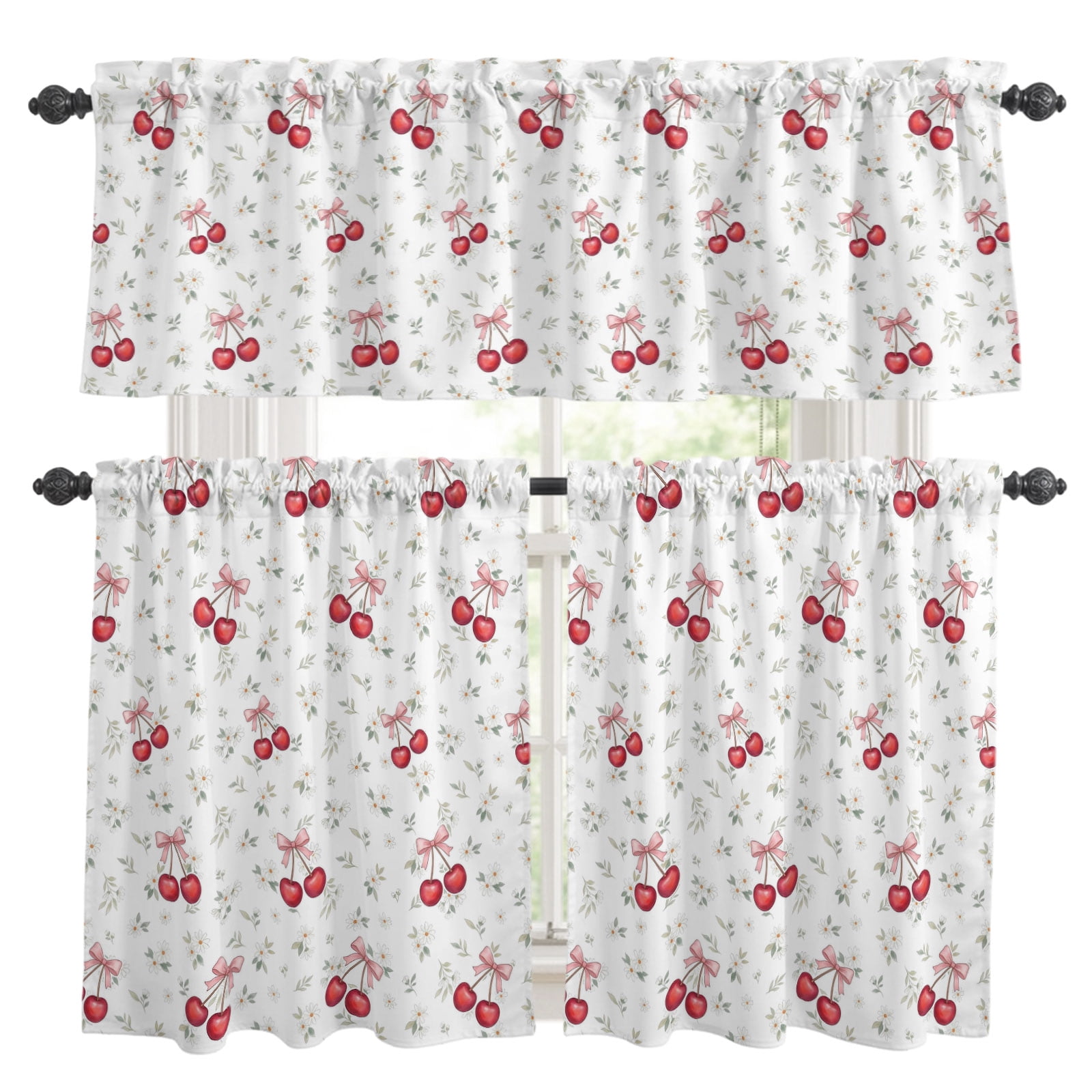 3 Piece Kitchen Curtains and Valances Set Red Cherry Cafe Curtains 24 ...