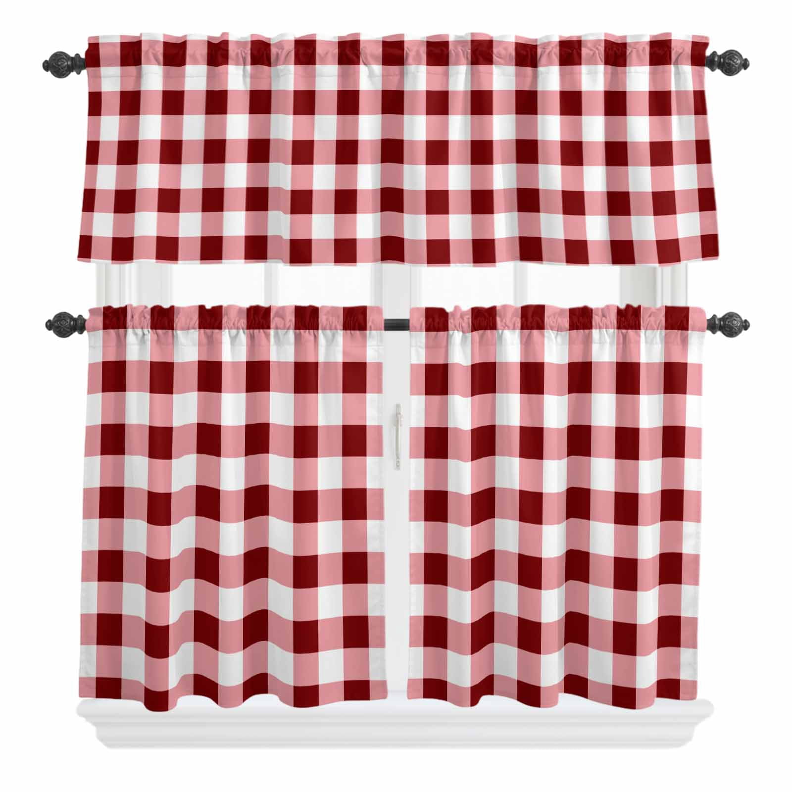 3 Piece Kitchen Curtains and Valances Set Red Farmhouse Cafe Curtains ...