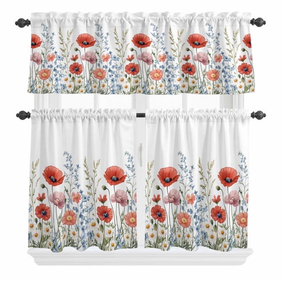 3 Piece Kitchen Curtains and Valances Set Red Flower Cafe Curtains 36 ...
