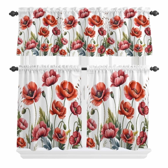 3 Piece Kitchen Curtains and Valances Set Red Flowers Cafe Curtains 24 ...
