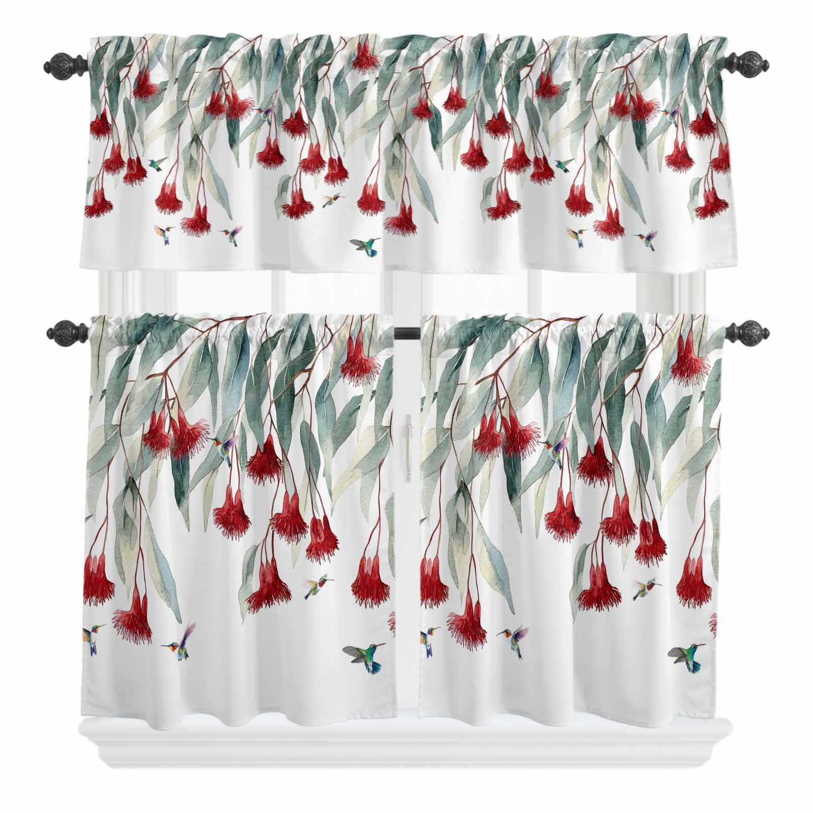 3 Piece Kitchen Curtains and Valances Set Red Flowers Leaves Cafe ...