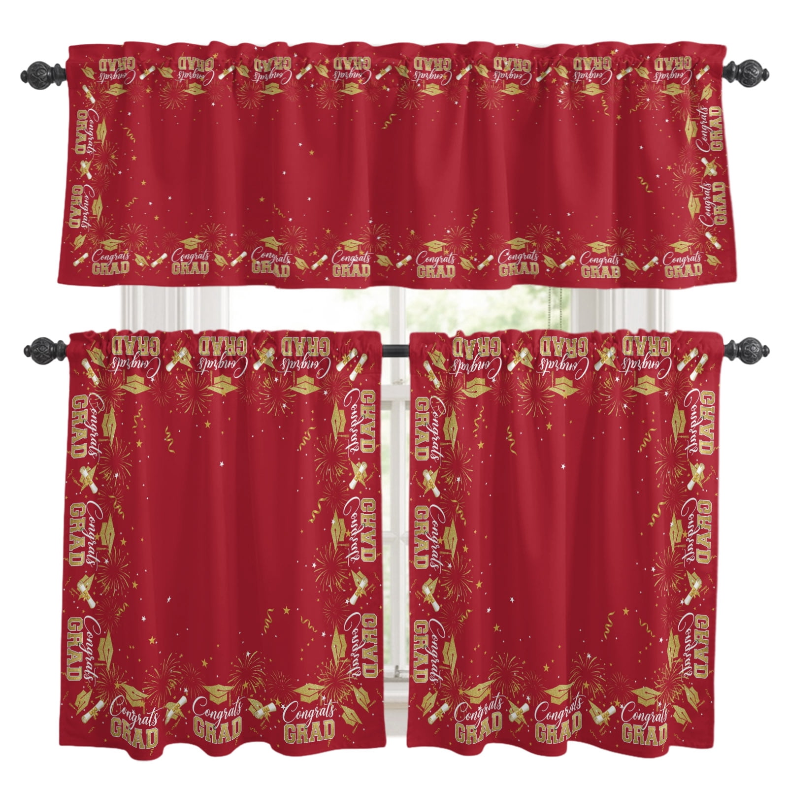 3 Piece Kitchen Curtains and Valances Set Red Graduation Cafe Curtains ...