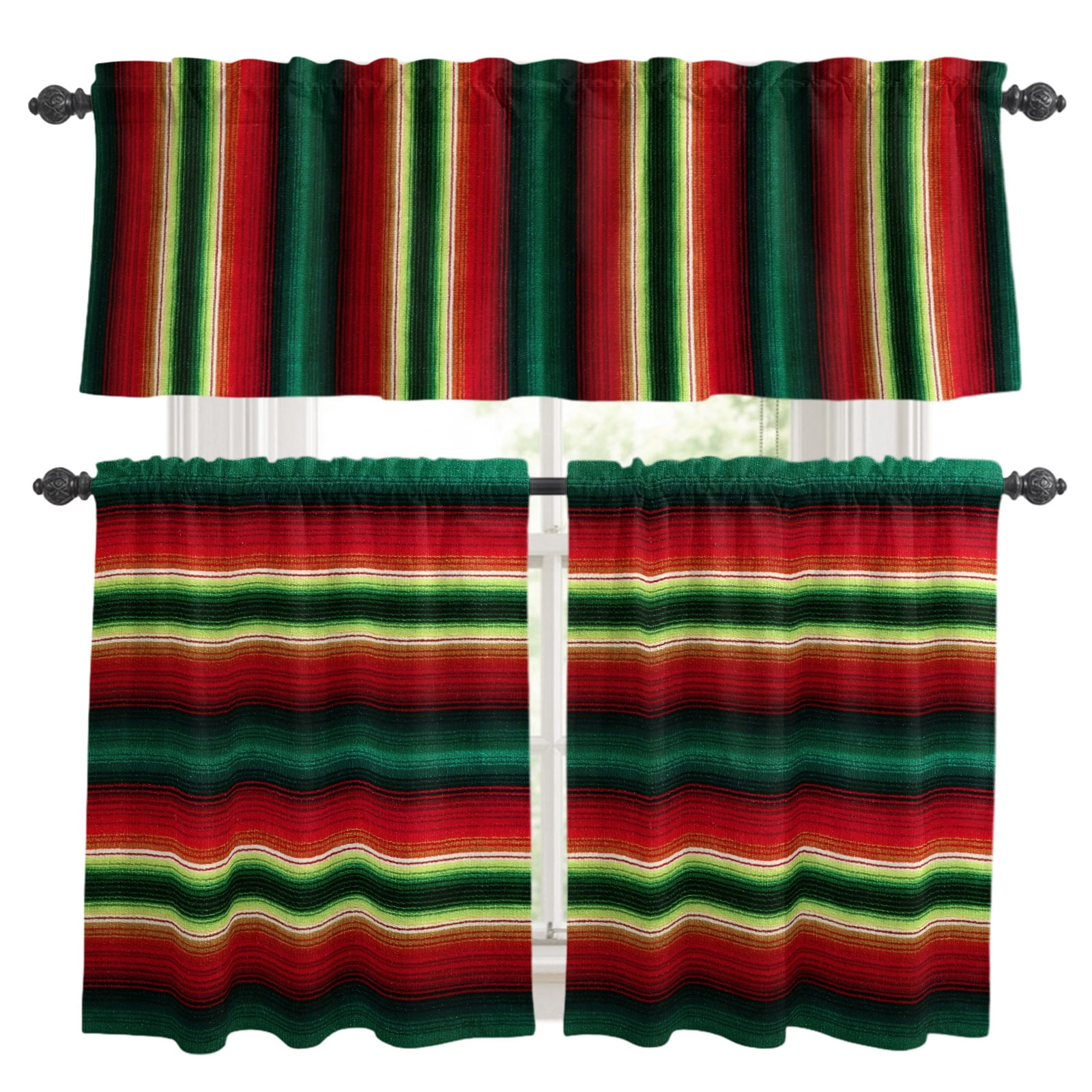 3 Piece Kitchen Curtains and Valances Set Red Green Stripes Cafe ...