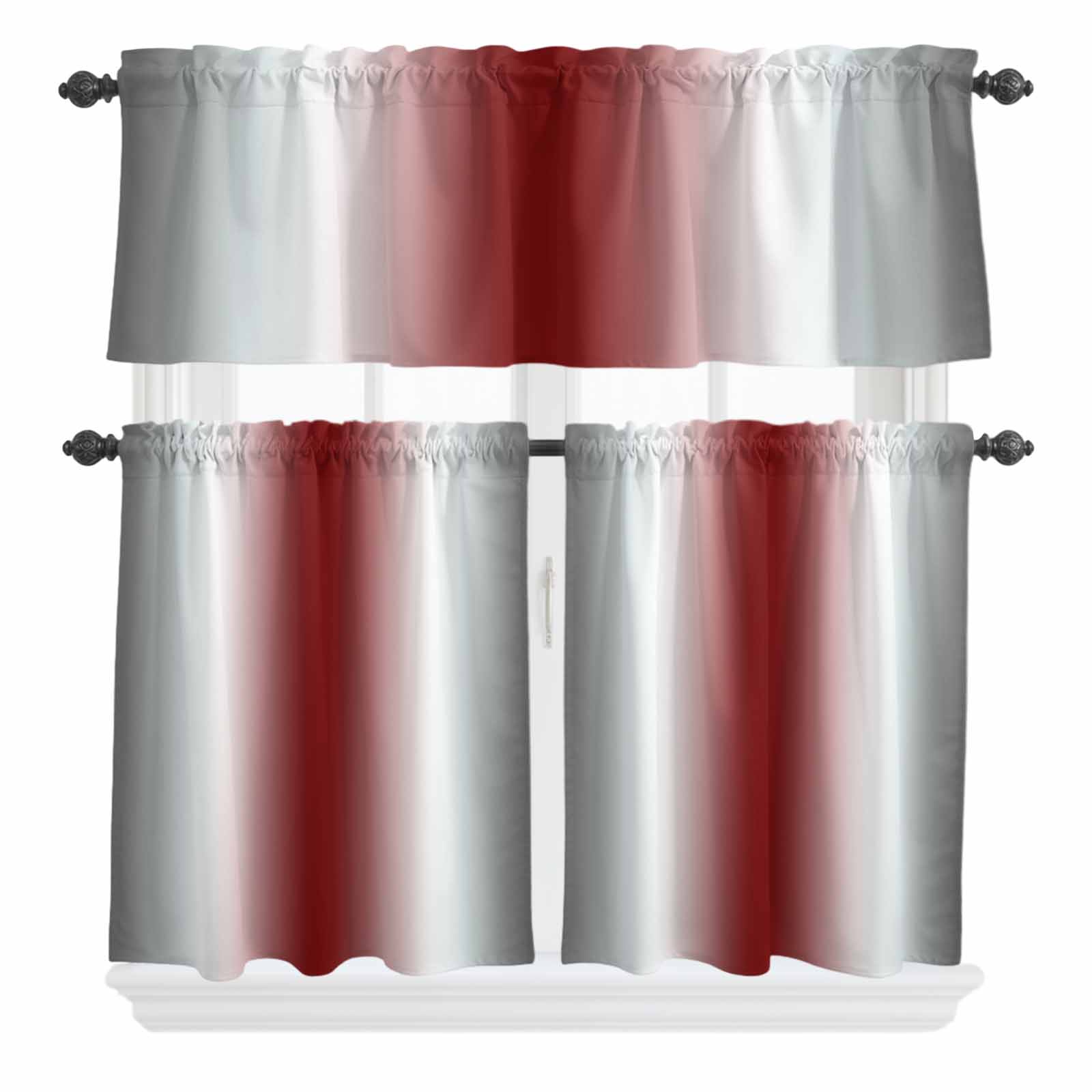 3 Piece Kitchen Curtains and Valances Set Red Grey White Cafe Curtains ...