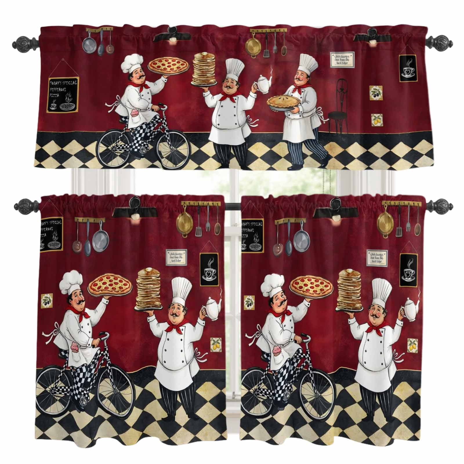 3 Piece Kitchen Curtains and Valances Set Red Kitchen Chef Cafe ...