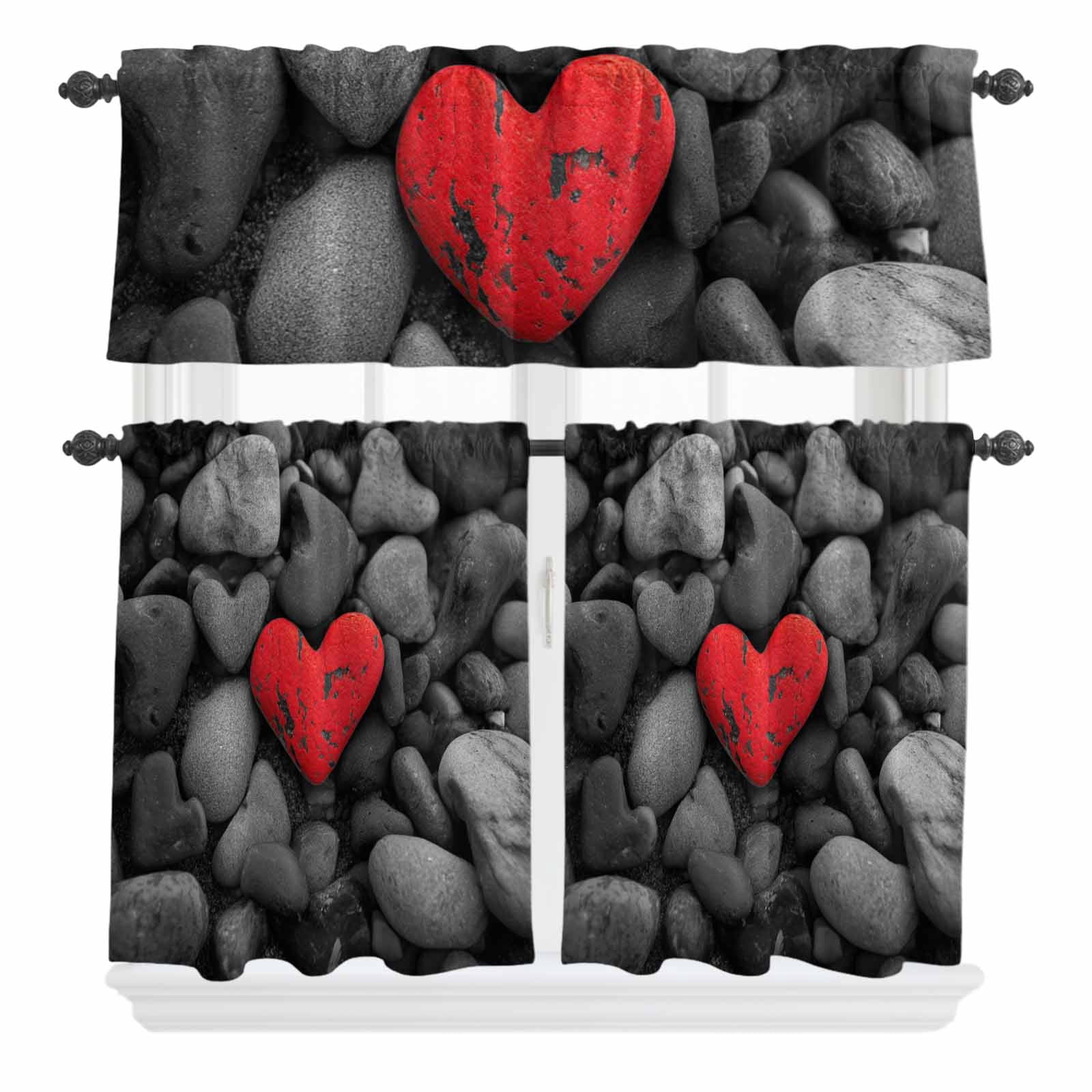 3 Piece Kitchen Curtains and Valances Set Red Love Heart Stone Cafe ...