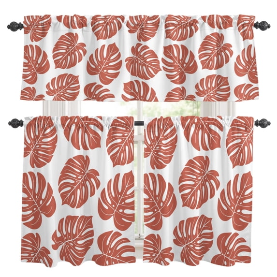 3 Piece Kitchen Curtains and Valances Set Red Monstera Leaf Cafe ...