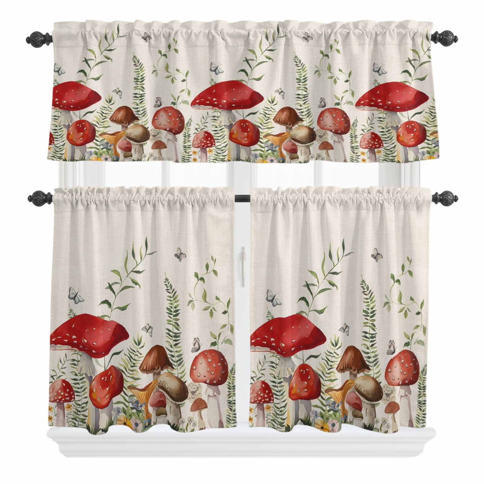3 Piece Kitchen Curtains and Valances Set Red Mushrooms Cafe Curtains ...