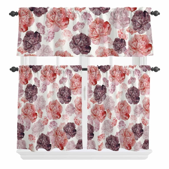 3 Piece Kitchen Curtains and Valances Set Red Ombre Spring Floral Cafe ...