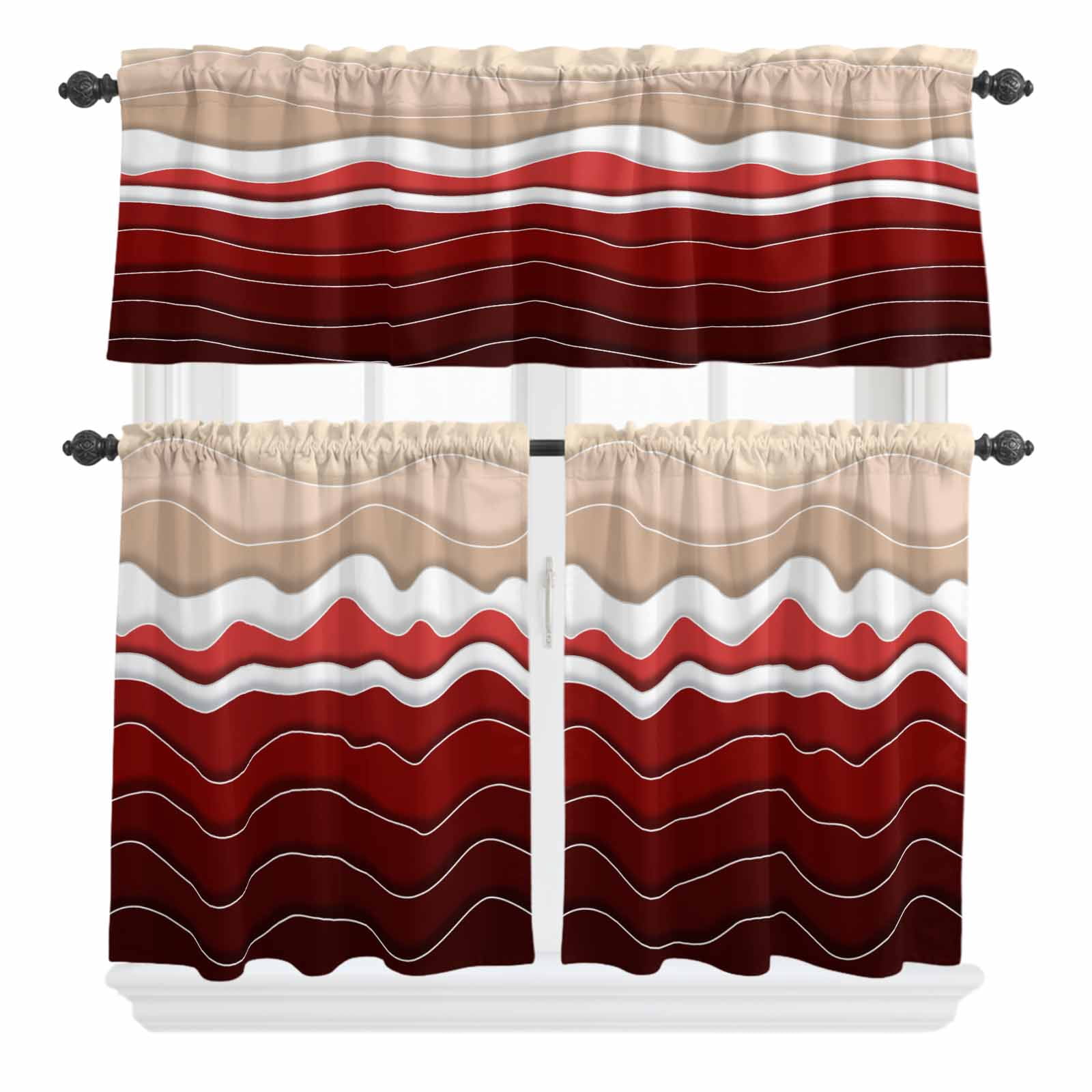 3 Piece Kitchen Curtains and Valances Set Red Ombre Stripe Cafe ...