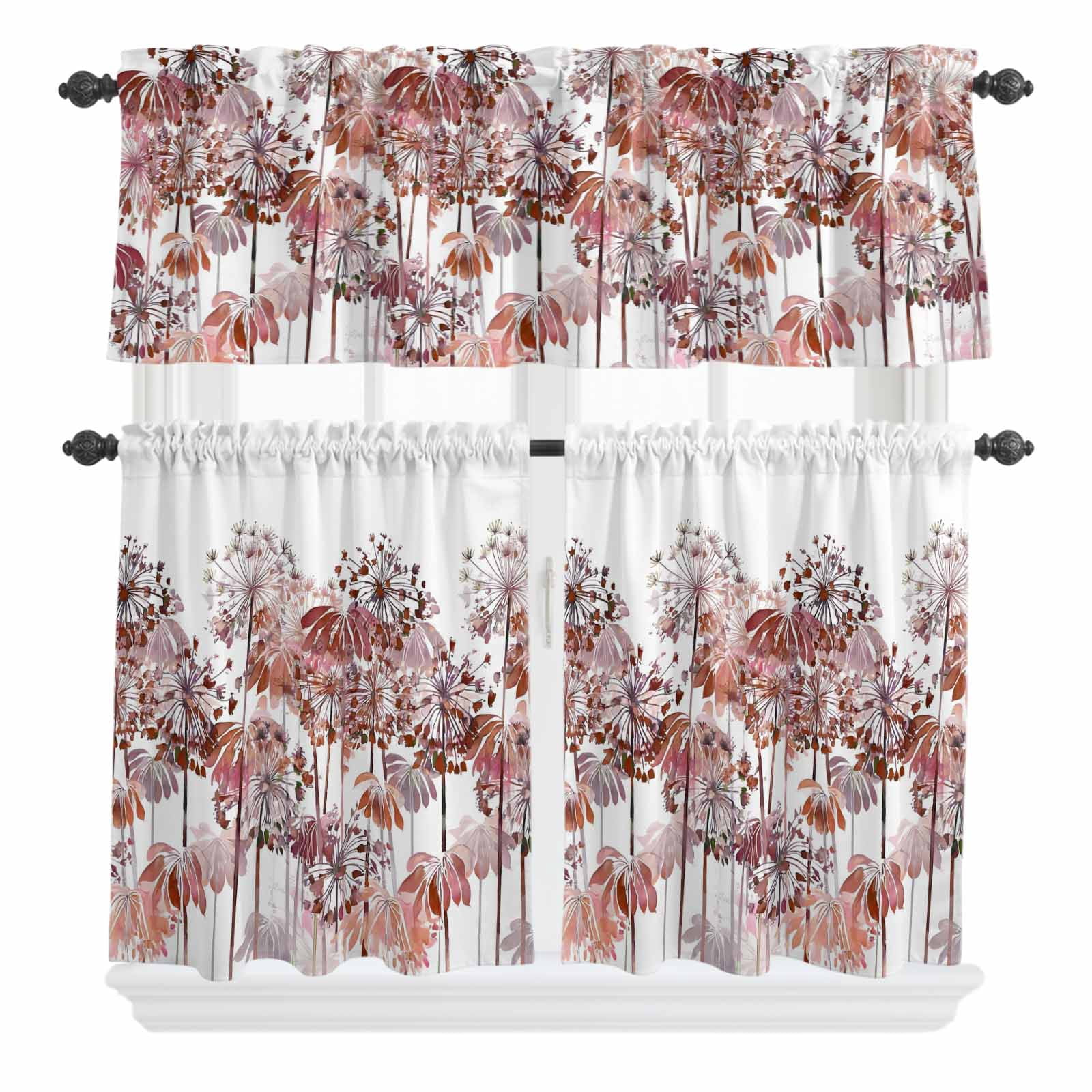 3 Piece Kitchen Curtains and Valances Set Red Onion Flowers Cafe ...