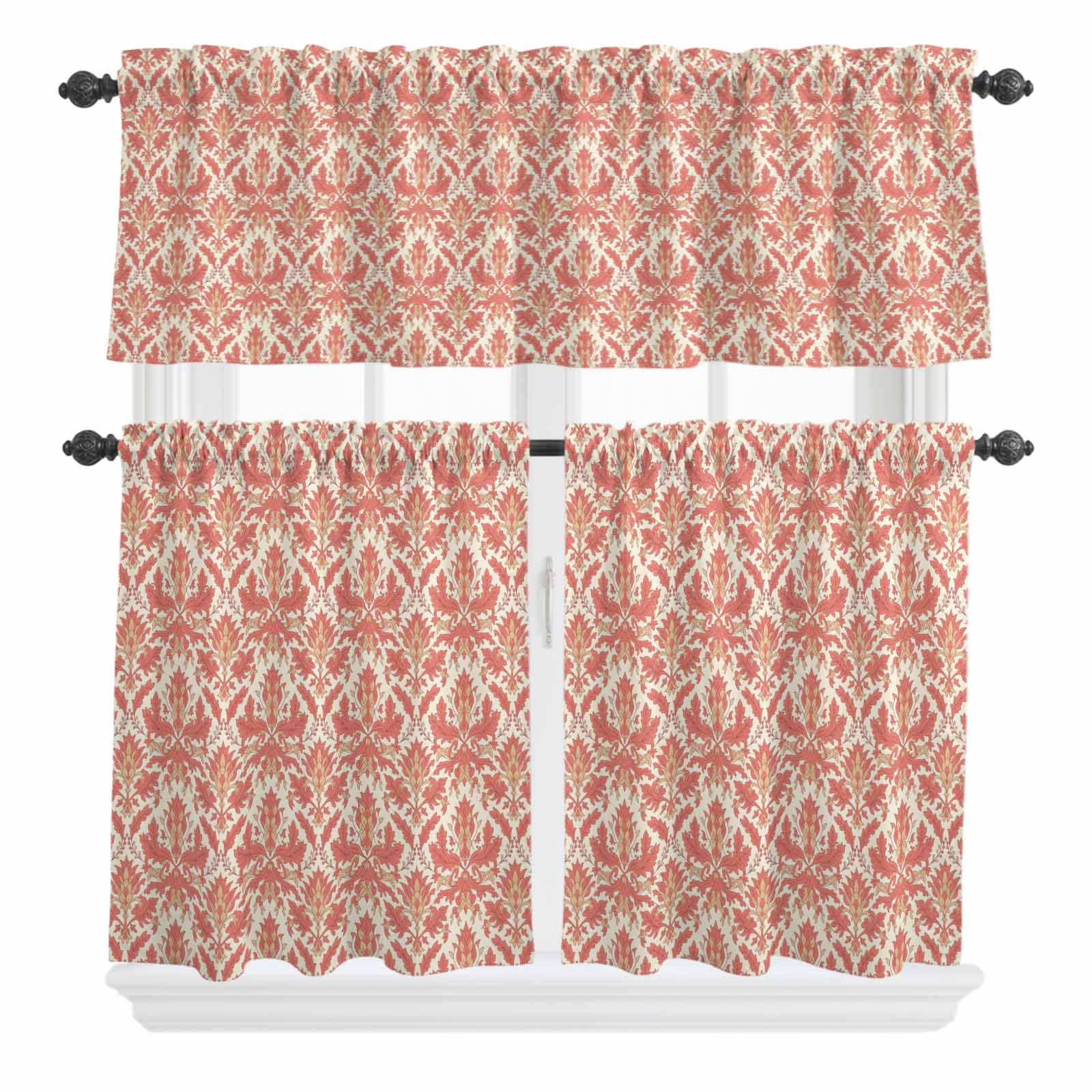 3 Piece Kitchen Curtains and Valances Set Red Orange Baroque Cafe ...
