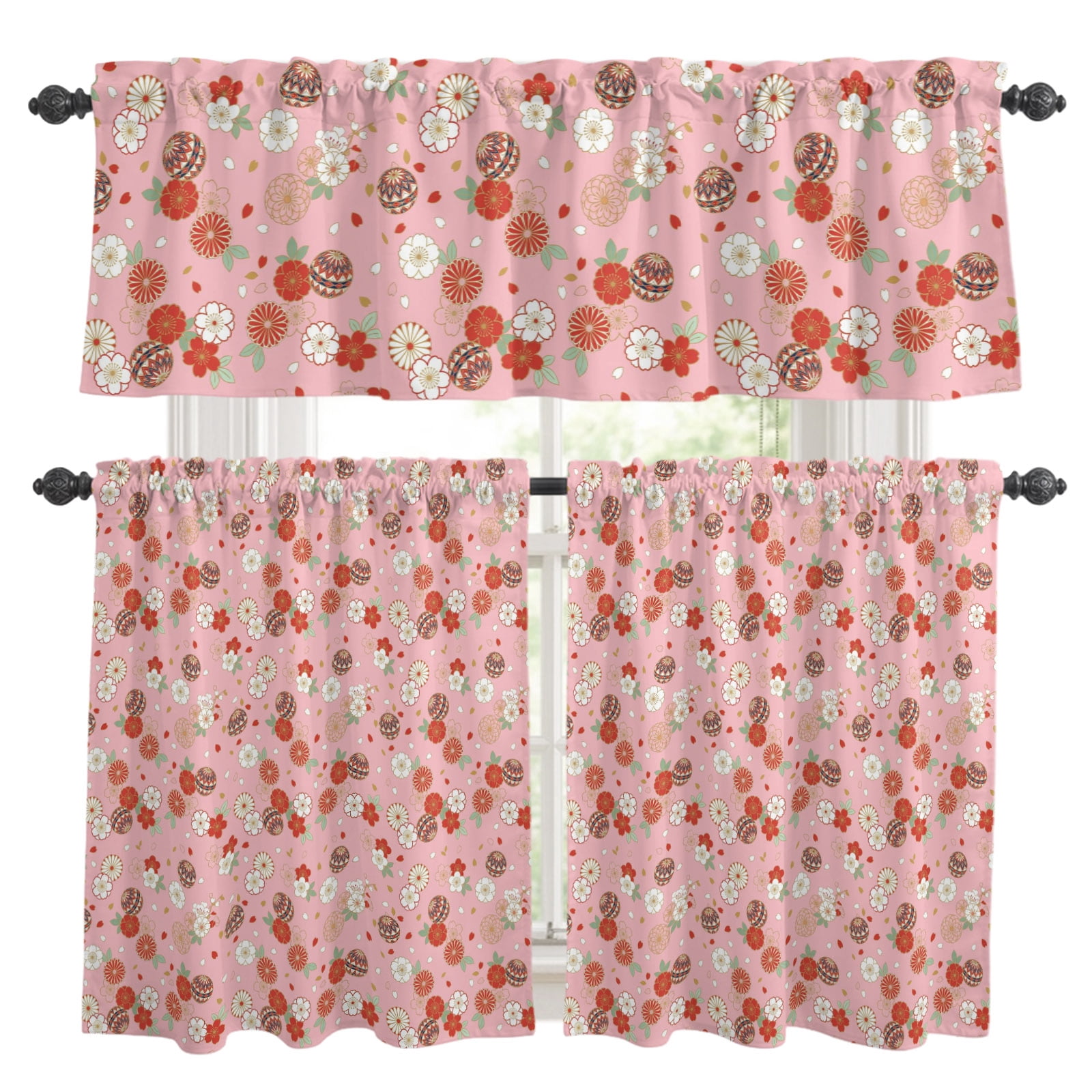 3 Piece Kitchen Curtains and Valances Set Red Pink Rosebuds Cafe ...