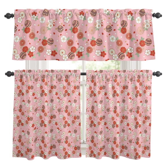 3 Piece Kitchen Curtains and Valances Set Red Pink Rosebuds Cafe ...
