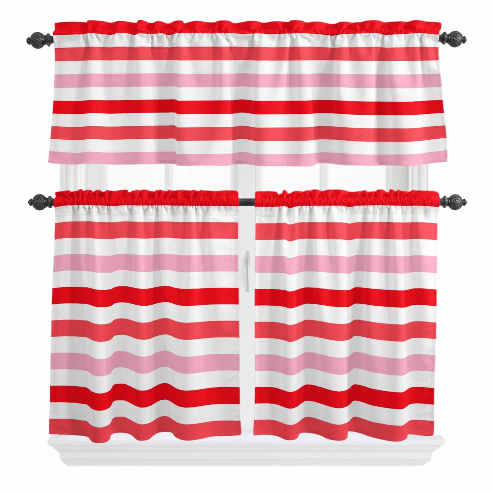 3 Piece Kitchen Curtains and Valances Set Red Pink Striped Cafe ...