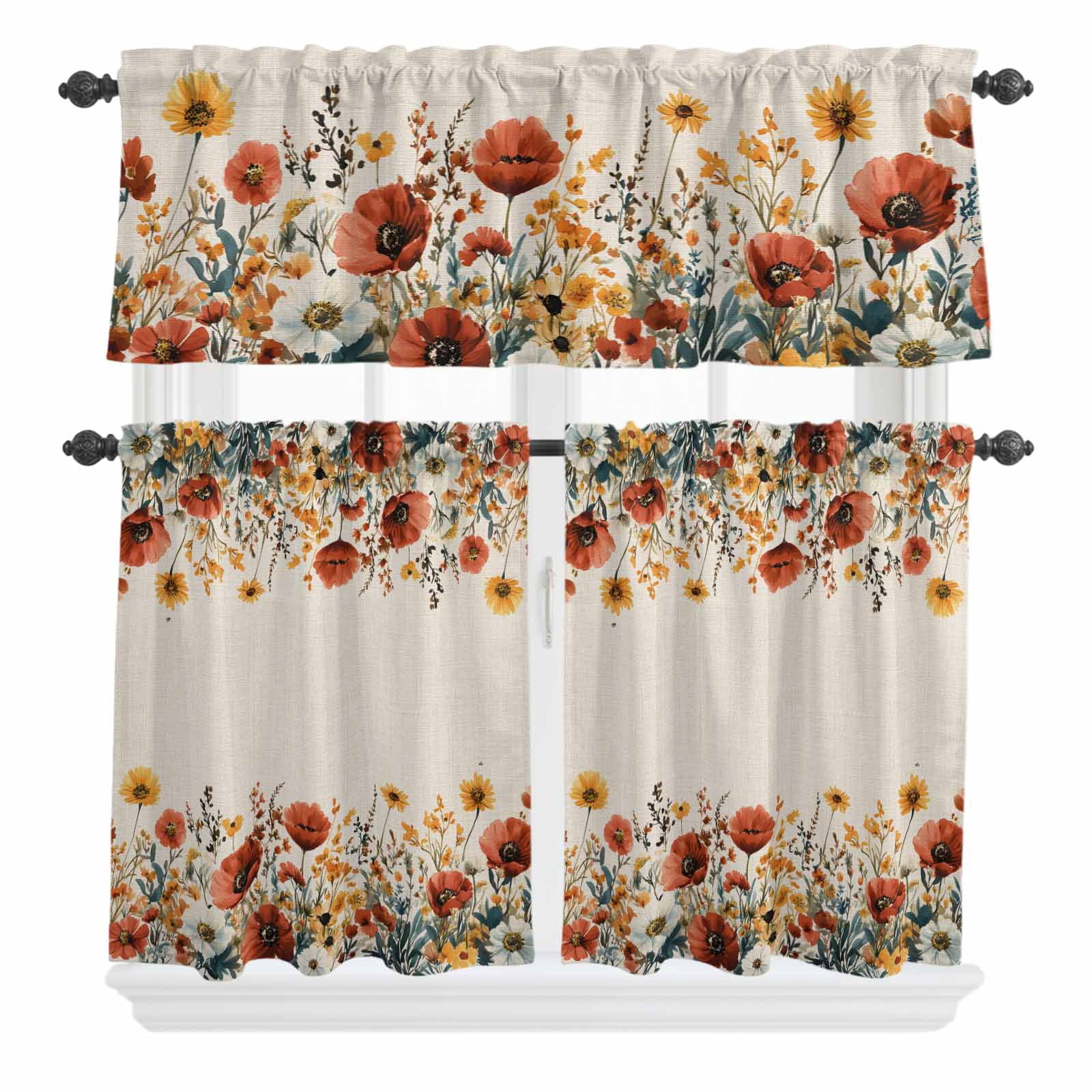 3 Piece Kitchen Curtains and Valances Set Red Poppy Sunflowers Cafe ...
