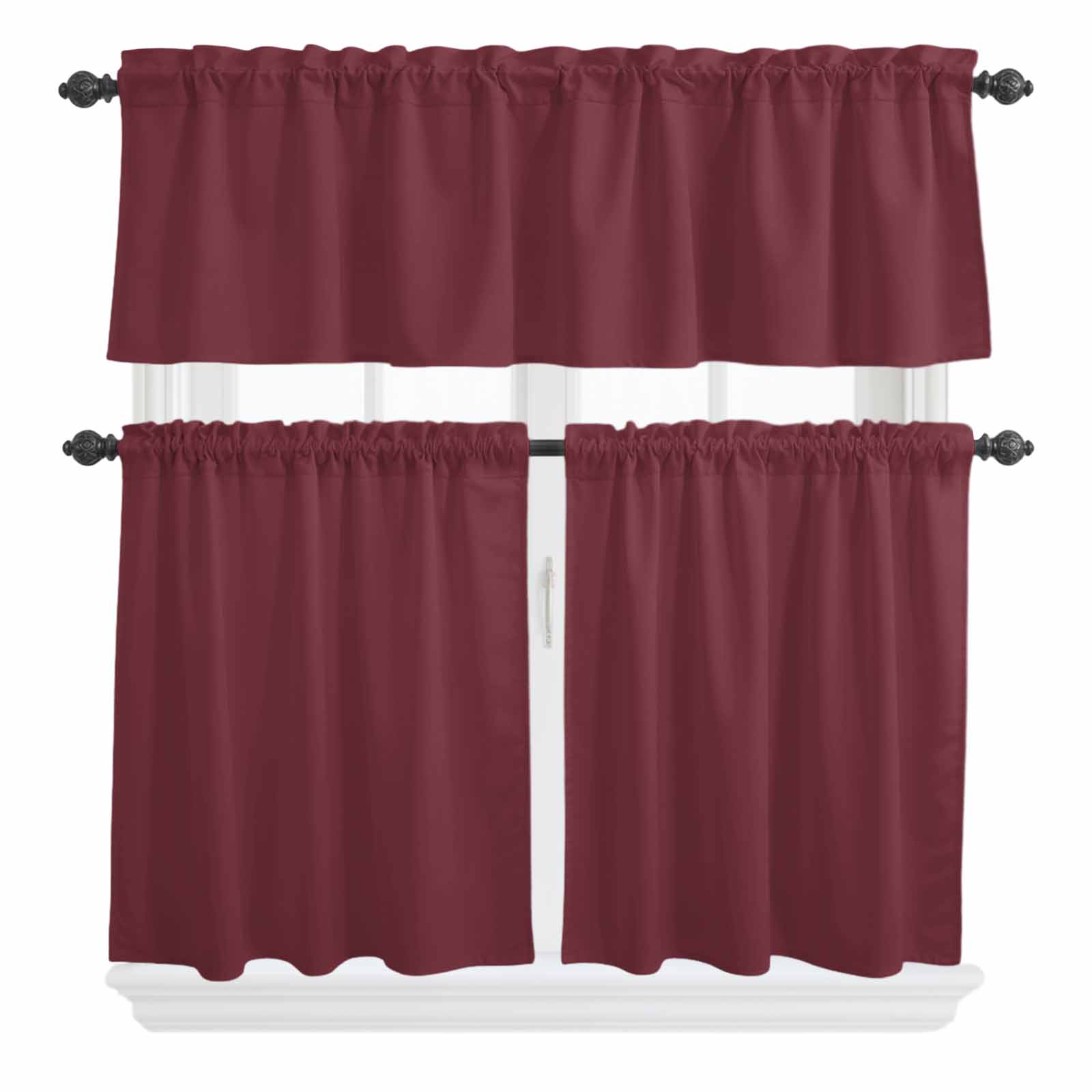 3 Piece Kitchen Curtains and Valances Set Red Solid Color Cafe Curtains ...