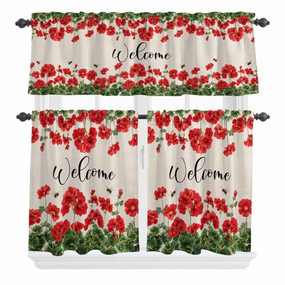 3 Piece Kitchen Curtains and Valances Set Red Spring Floral Cafe ...