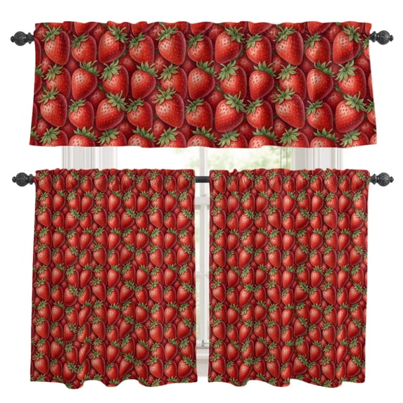 3 Piece Kitchen Curtains and Valances Set Red Strawberry Rustic Cafe ...