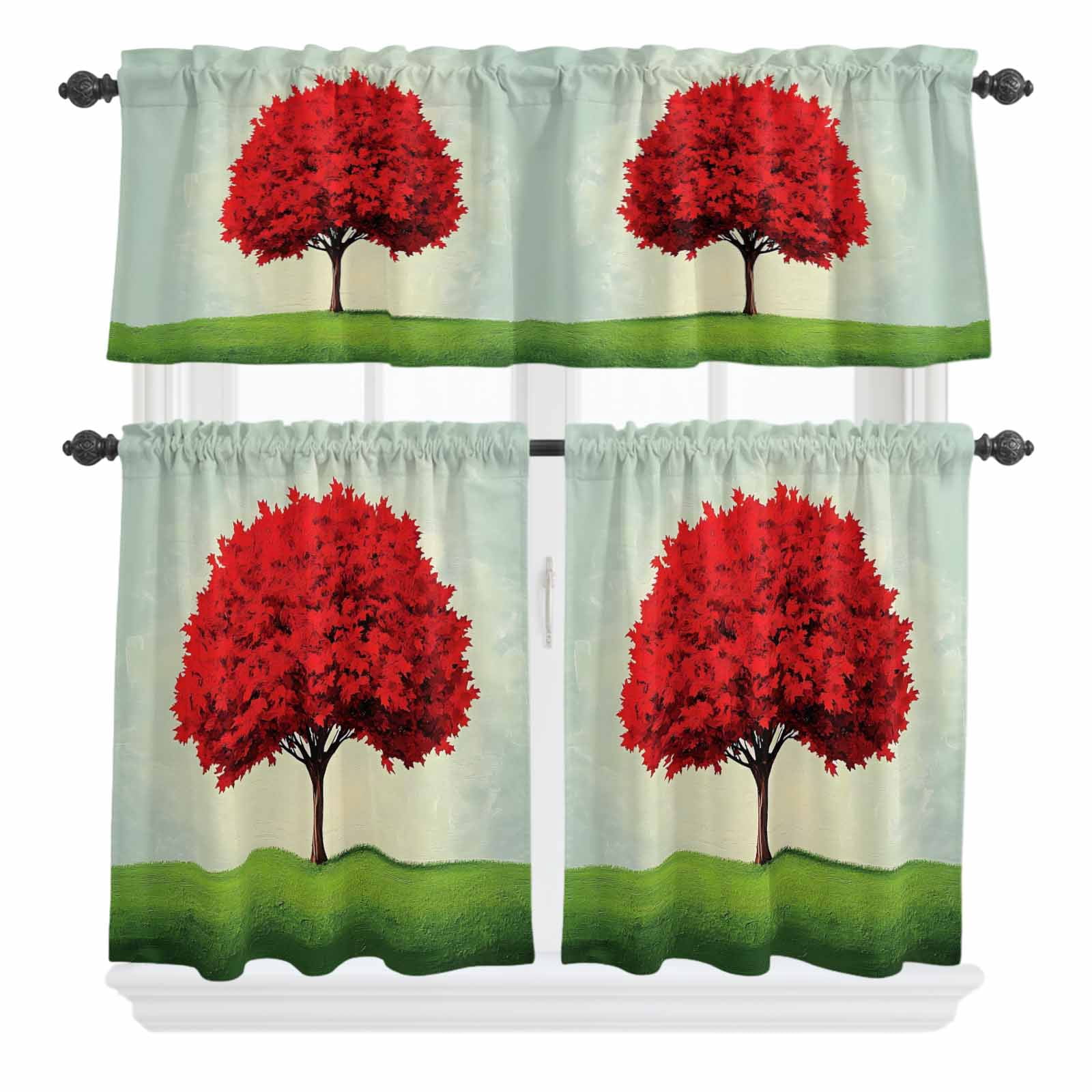 3 Piece Kitchen Curtains and Valances Set Red Tree Cafe Curtains 36 ...