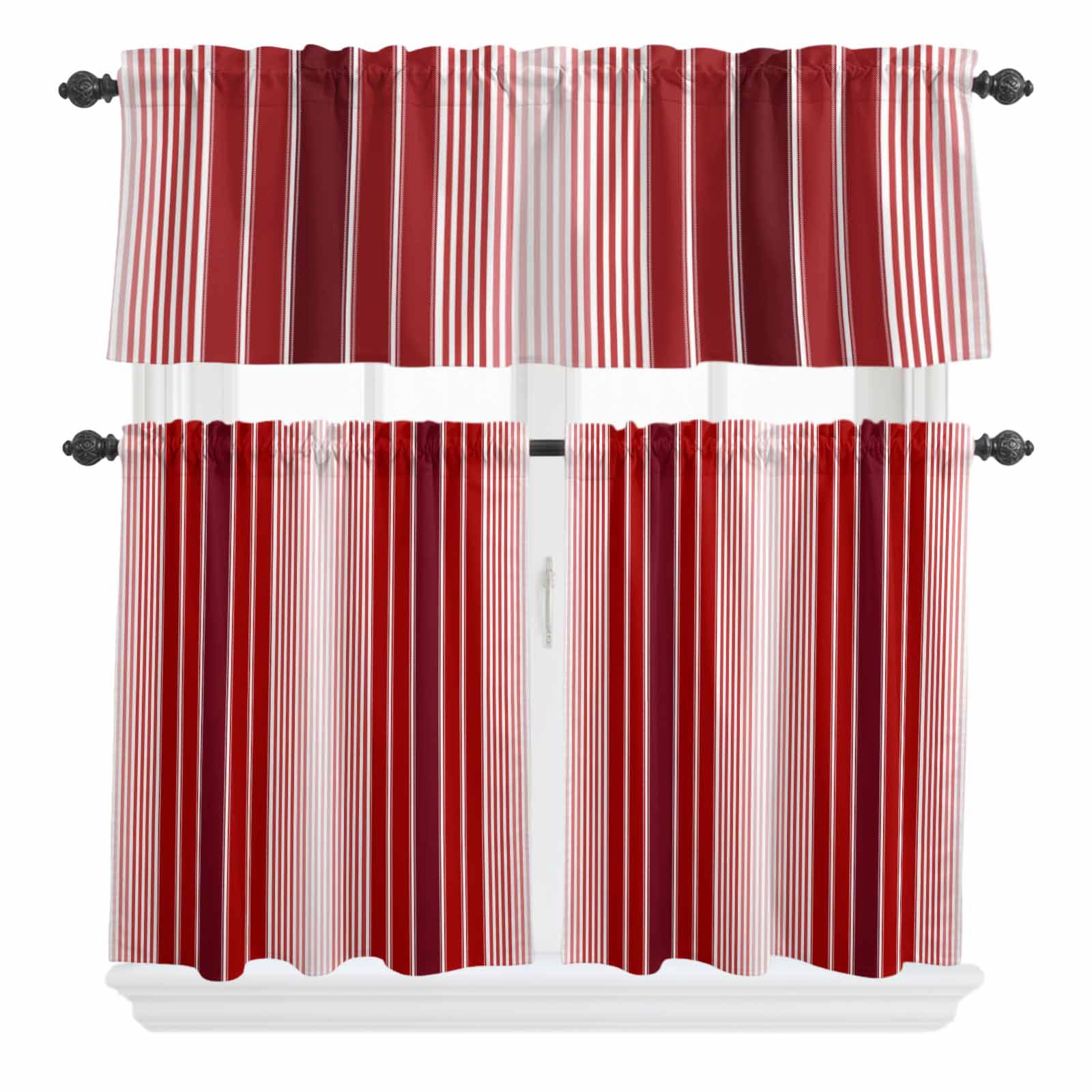 3 Piece Kitchen Curtains and Valances Set Red Vertical Striped Cafe ...