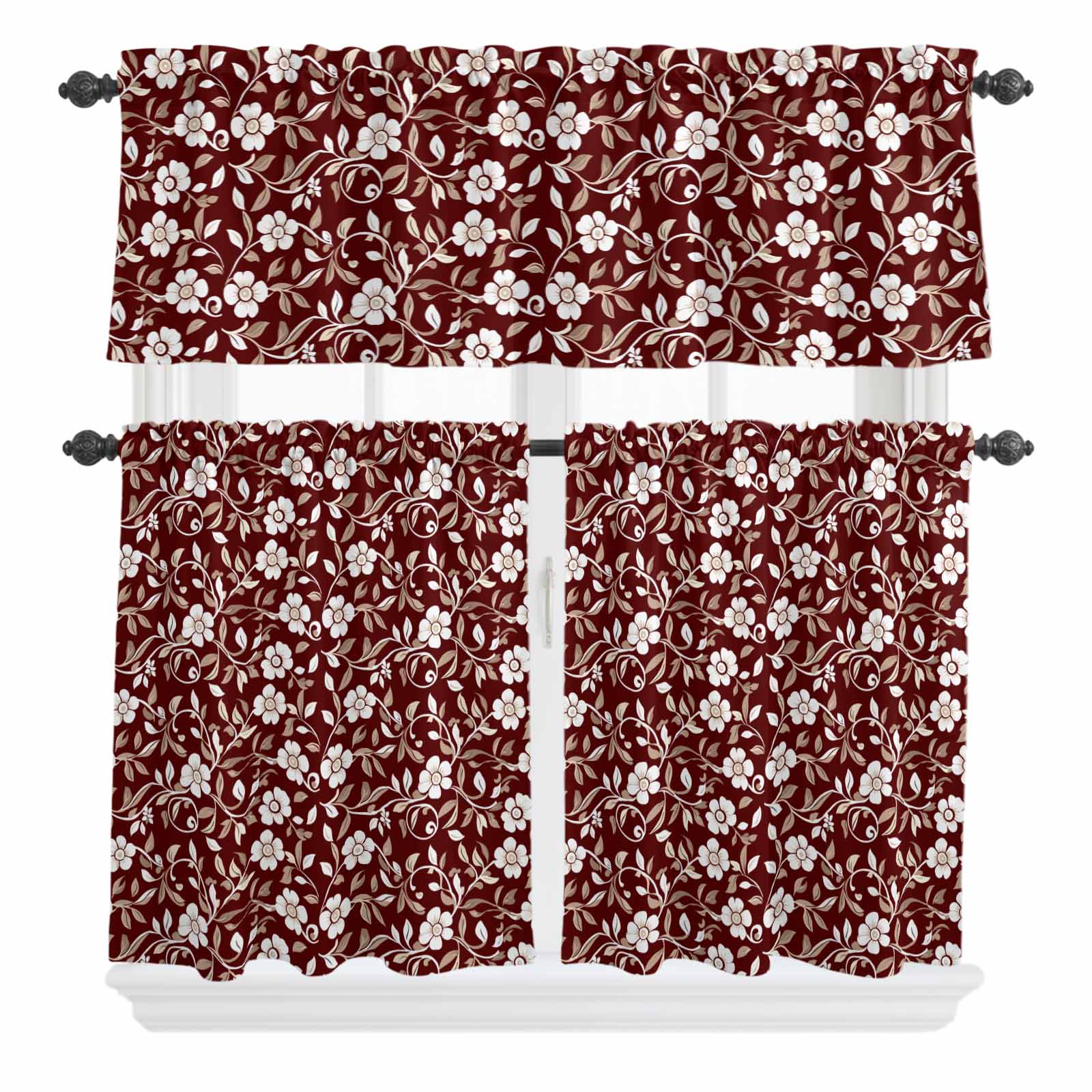 3 Piece Kitchen Curtains and Valances Set Red White Floral Cafe ...