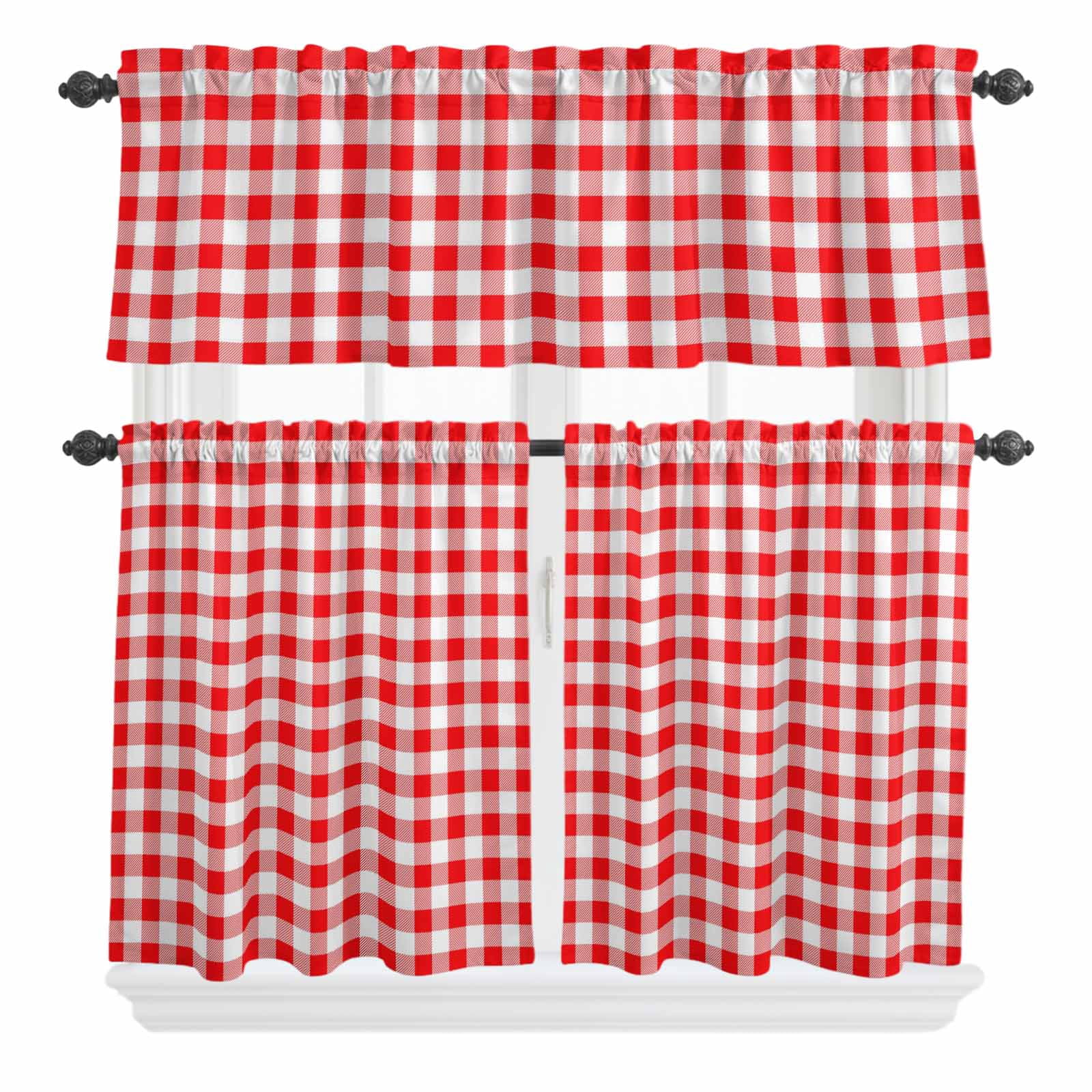 3 Piece Kitchen Curtains and Valances Set Red White Plaid Cafe Curtains ...