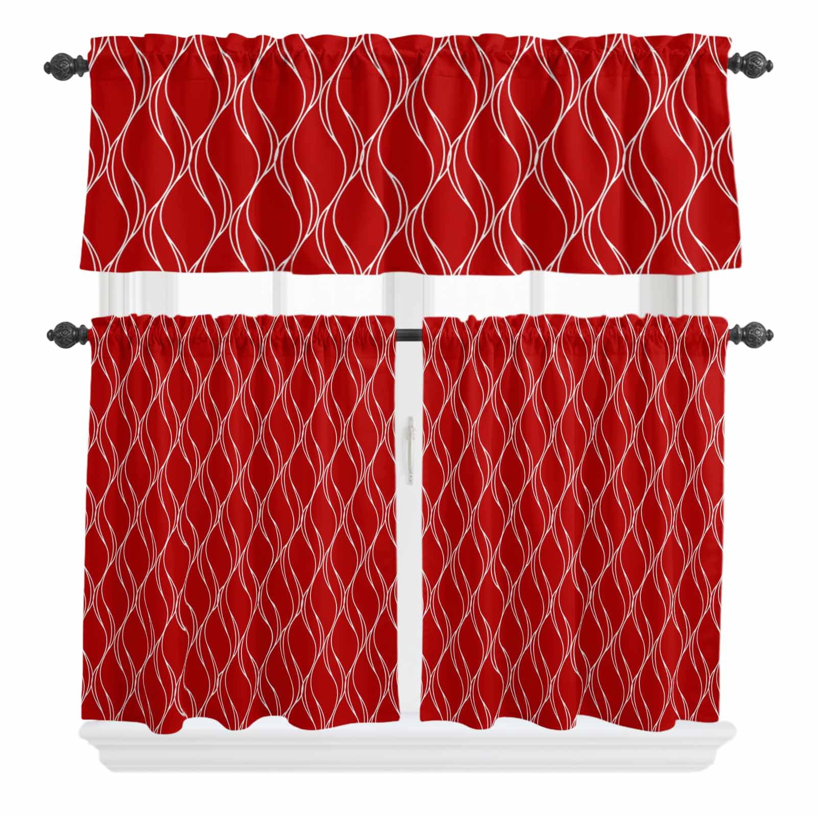 3 Piece Kitchen Curtains and Valances Set Red White Stripes Cafe ...