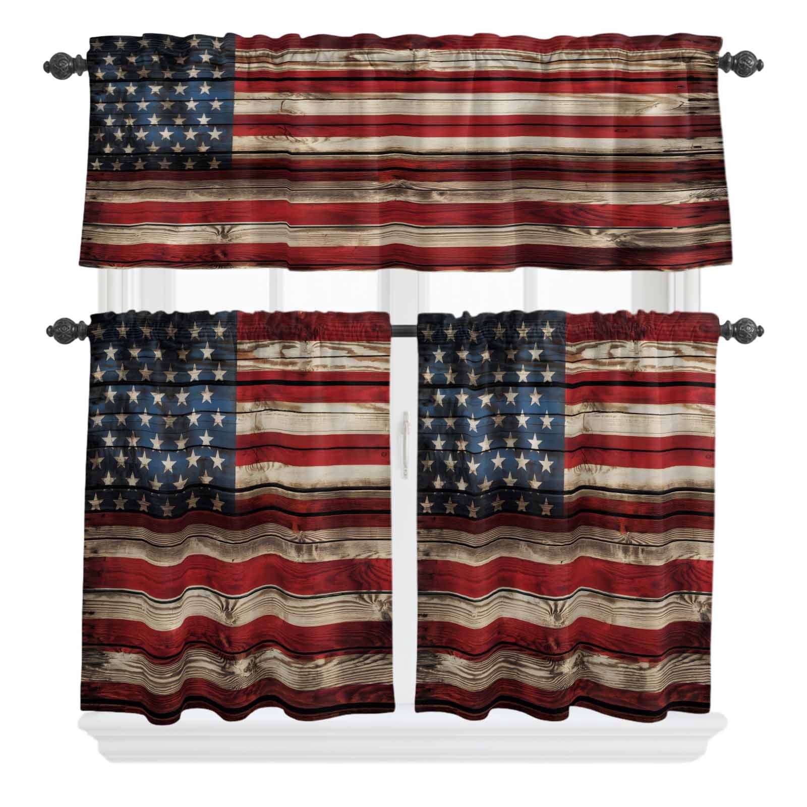 3 Piece Kitchen Curtains and Valances Set Retro American Flag Cafe ...