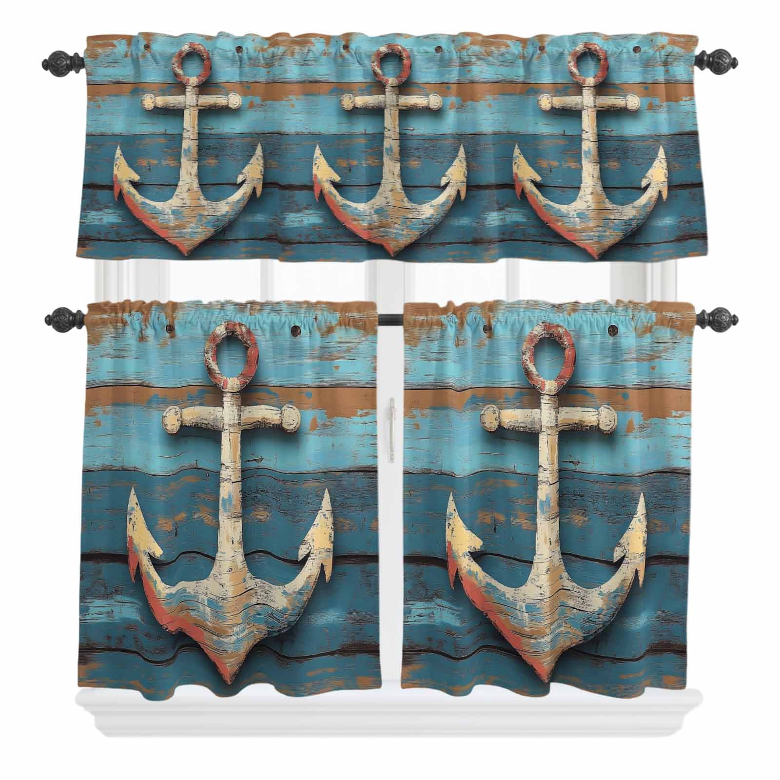 3 Piece Kitchen Curtains and Valances Set Retro Anchor Cafe Curtains 24 ...