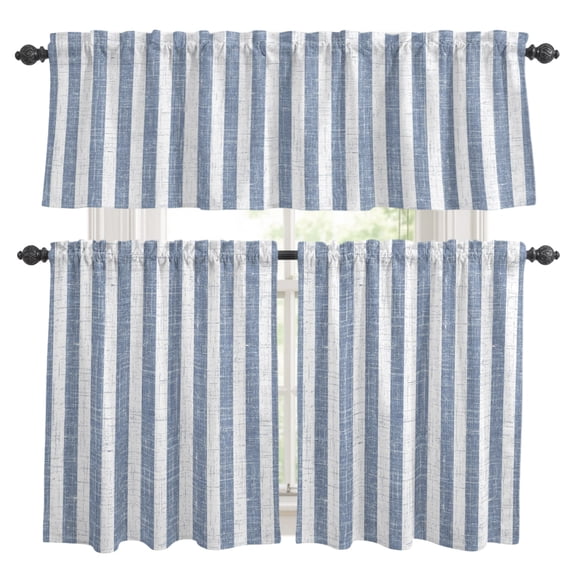 3 Piece Kitchen Curtains and Valances Set Retro Blue Stripes Cafe ...
