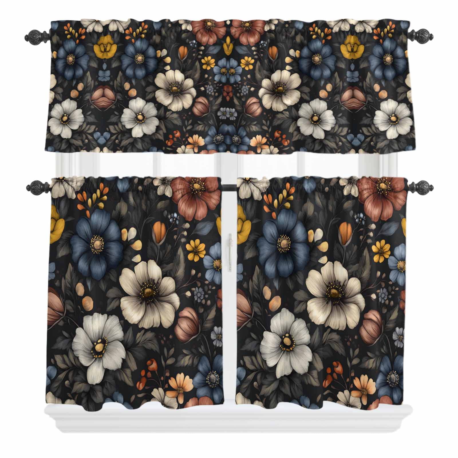 3 Piece Kitchen Curtains and Valances Set Retro Floral Cafe Curtains 24 ...