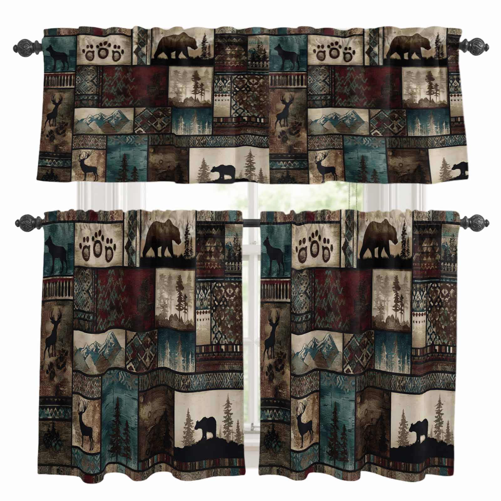3 Piece Kitchen Curtains and Valances Set Retro Forest Animals Cafe ...